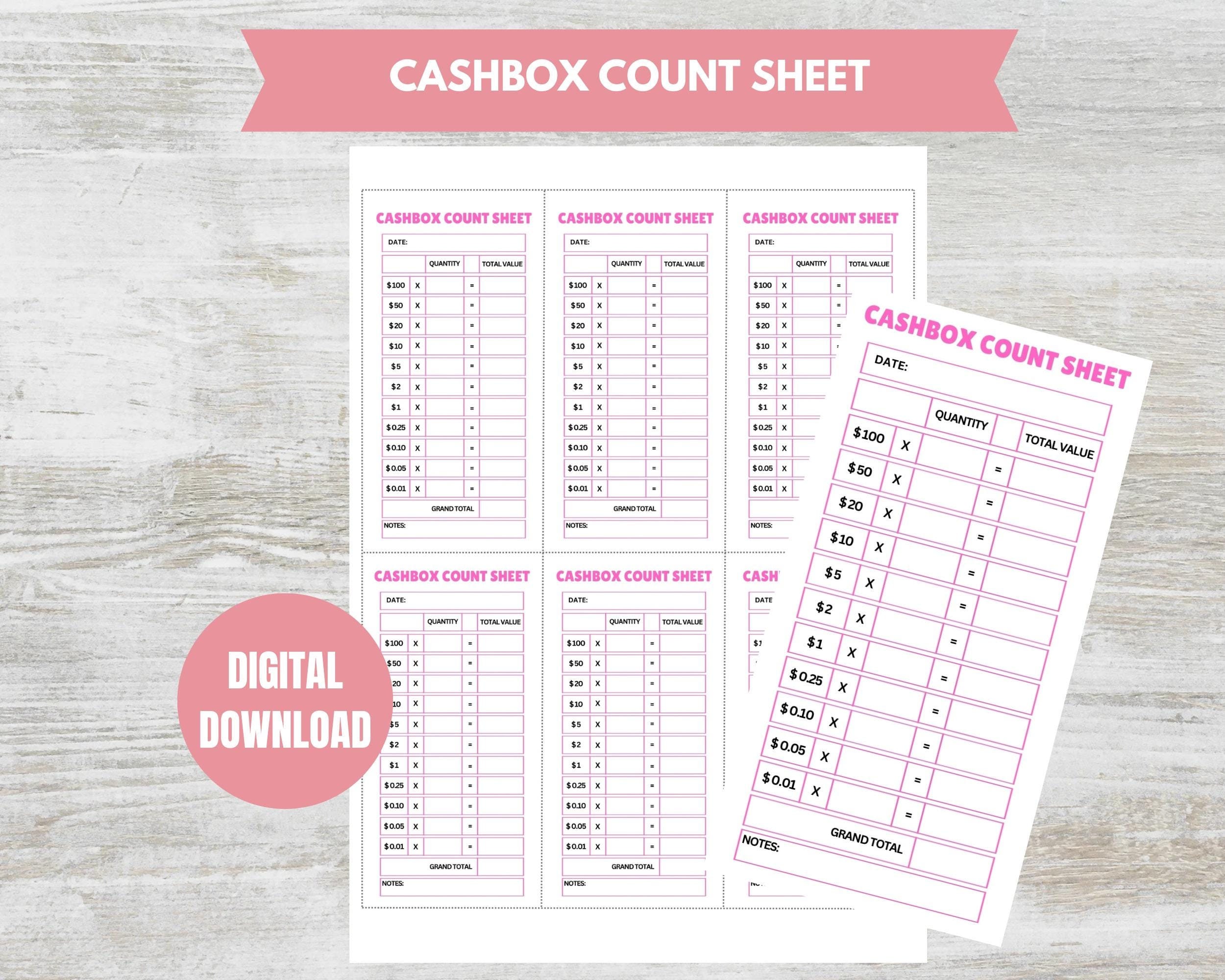 Printable Cashbox Count Sheet,pdf Printable Tally Sheet,cash Register ...