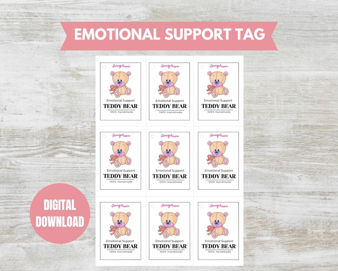Emotional Support Printable PDF Tags Amigurumi Crochet Product Tags Printable Tags Cute Teddy ...