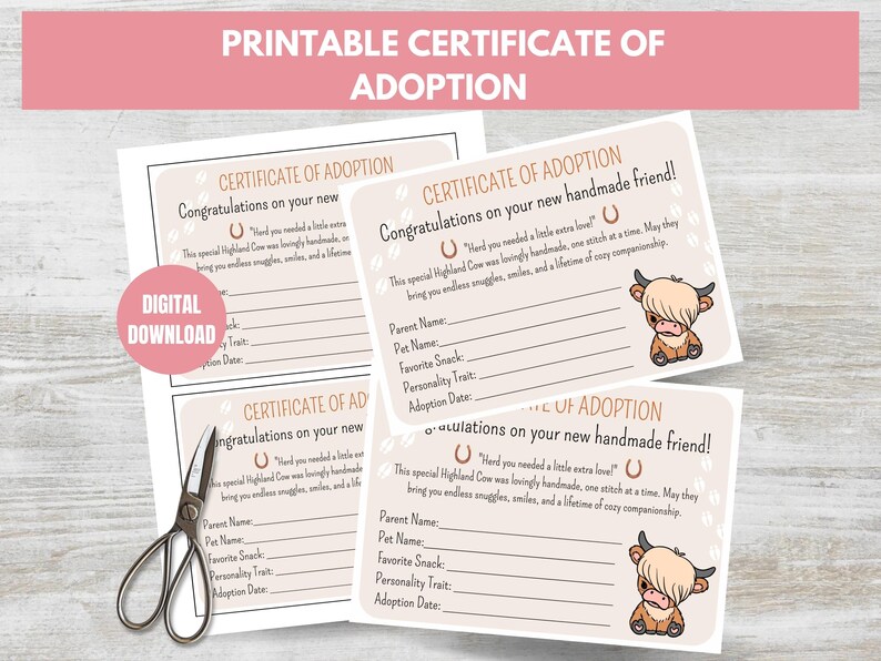 Printable Certificate of Adoption Cows PDF 5x7 , Adoption Certificates ...