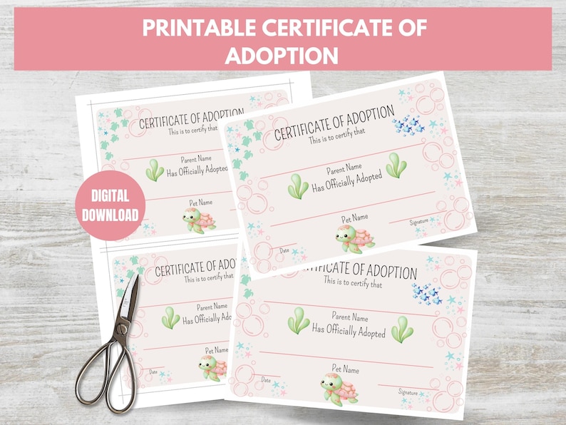 Printable Certificate of Adoption Turtles, PDF 5x7 Adoption ...