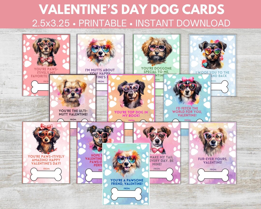 Valentine's Day Dog Cards, PDF Printable Valentine's Day Dog Themed ...