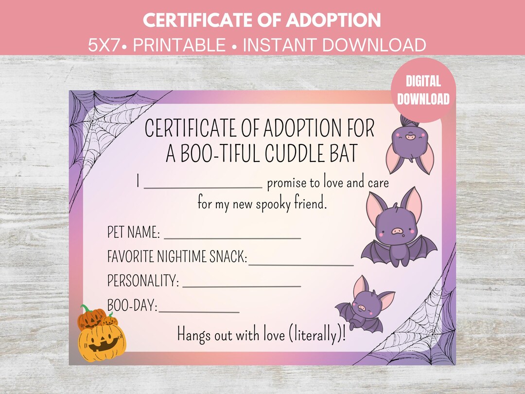 Printable Bat Certificate of Adoption PDF 5x7, Spooky Friend Adoption ...