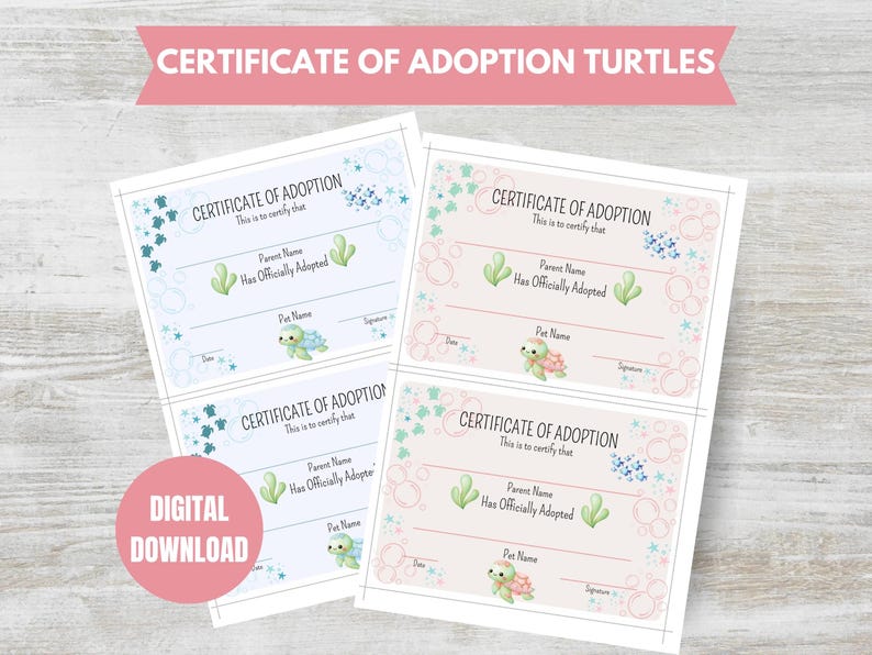 Printable Certificate of Adoption Turtles, PDF 5x7 Adoption ...