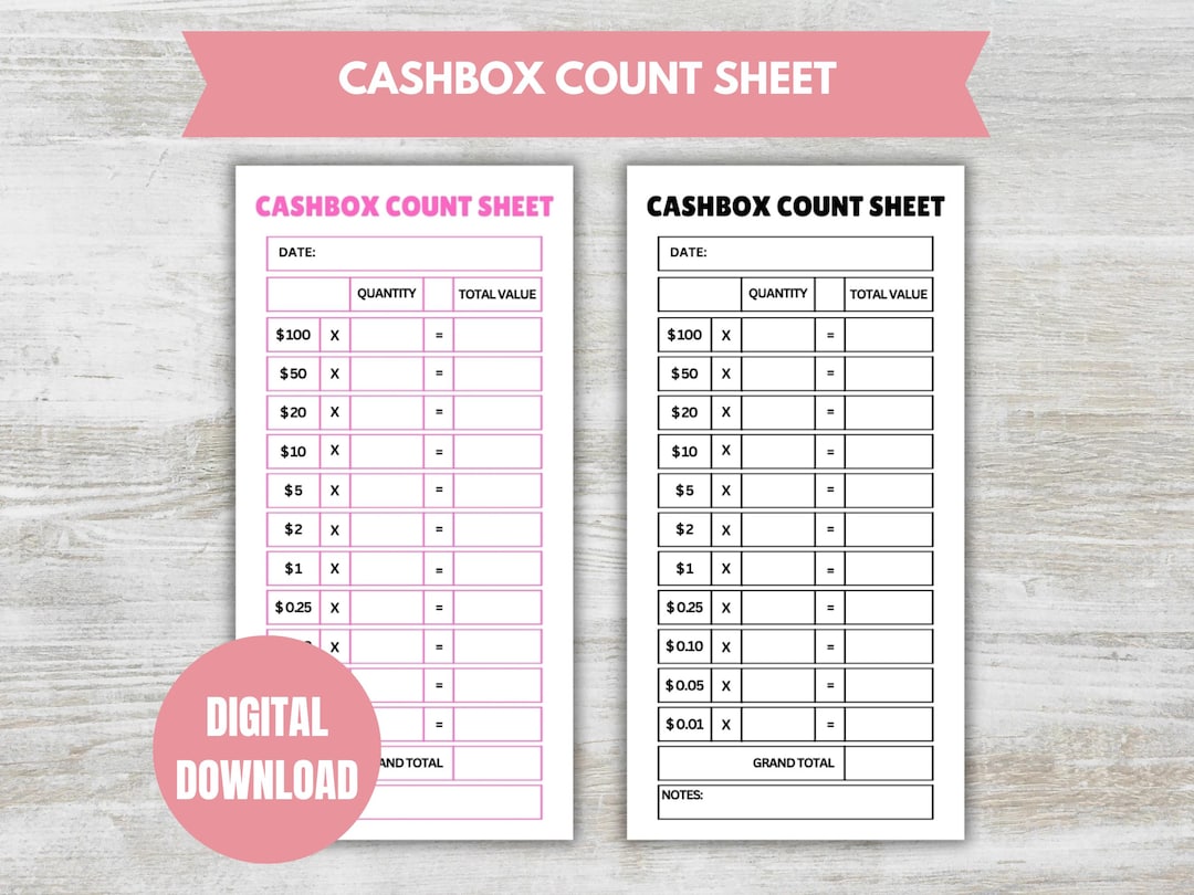 Printable Cashbox Count Sheet,pdf Printable Tally Sheet,cash Register ...