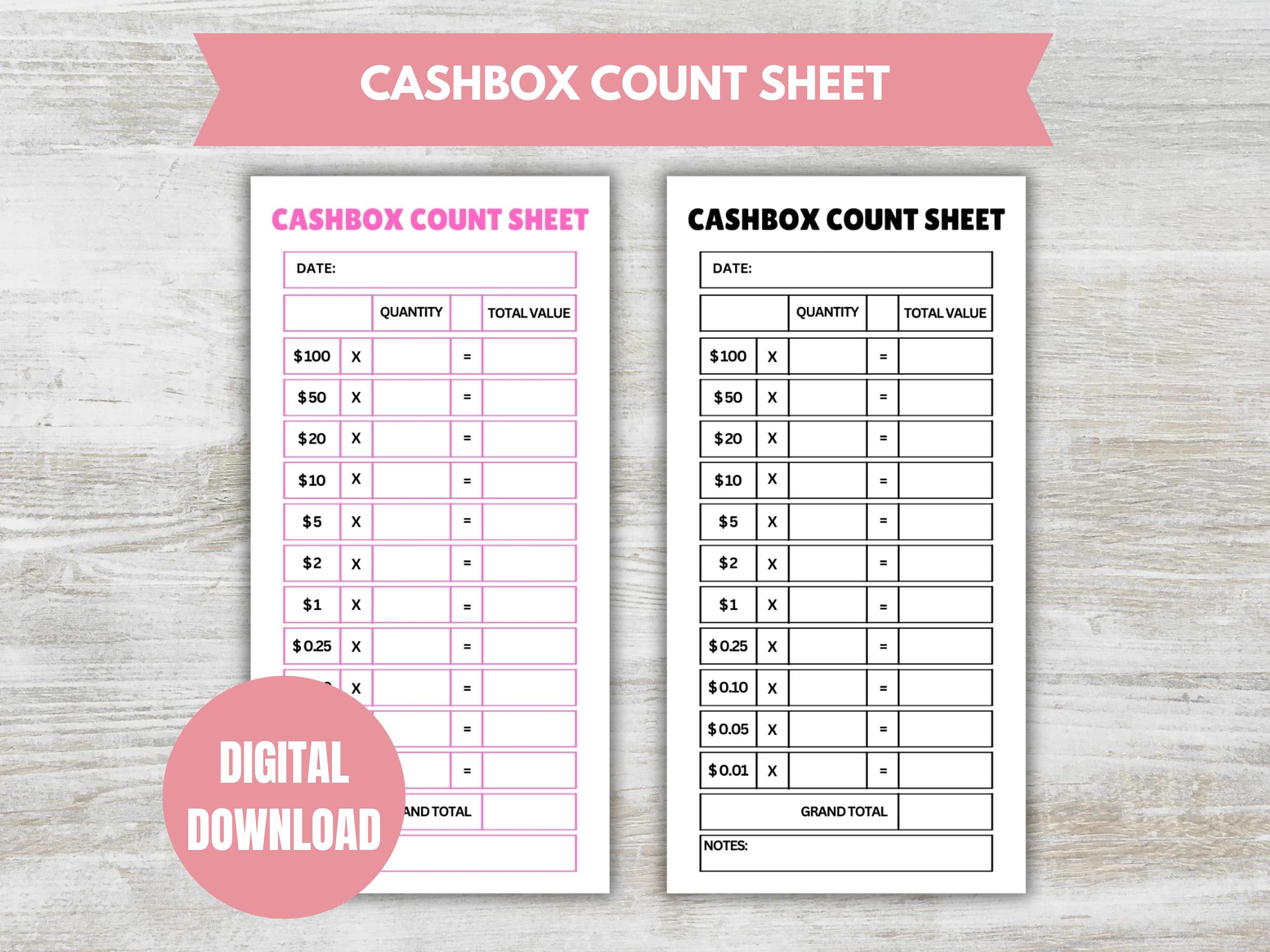 Printable Cashbox Count Sheet,pdf Printable Tally Sheet,cash Register ...