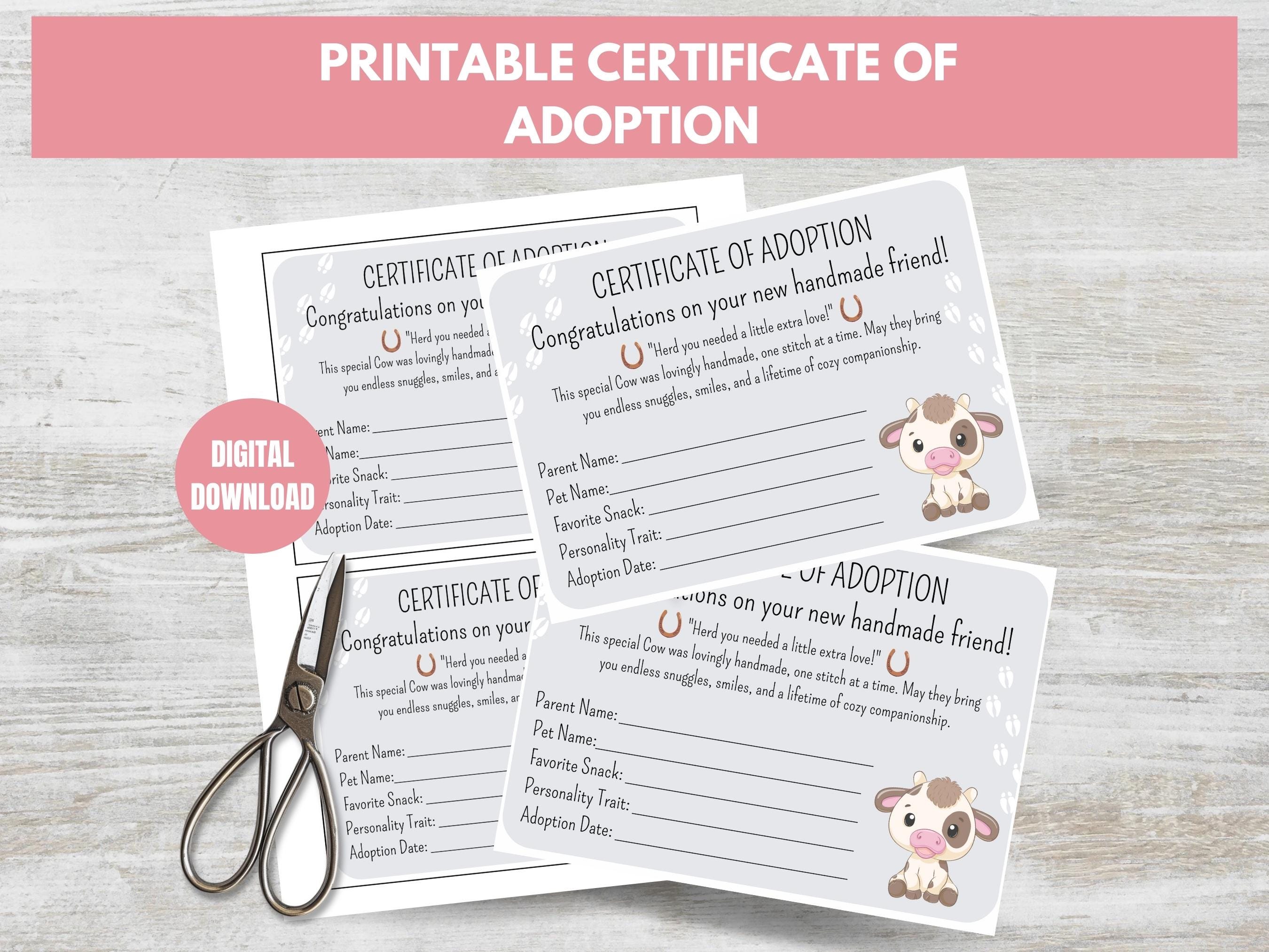 Printable Certificate of Adoption Cows PDF 5x7 , Adoption Certificates ...