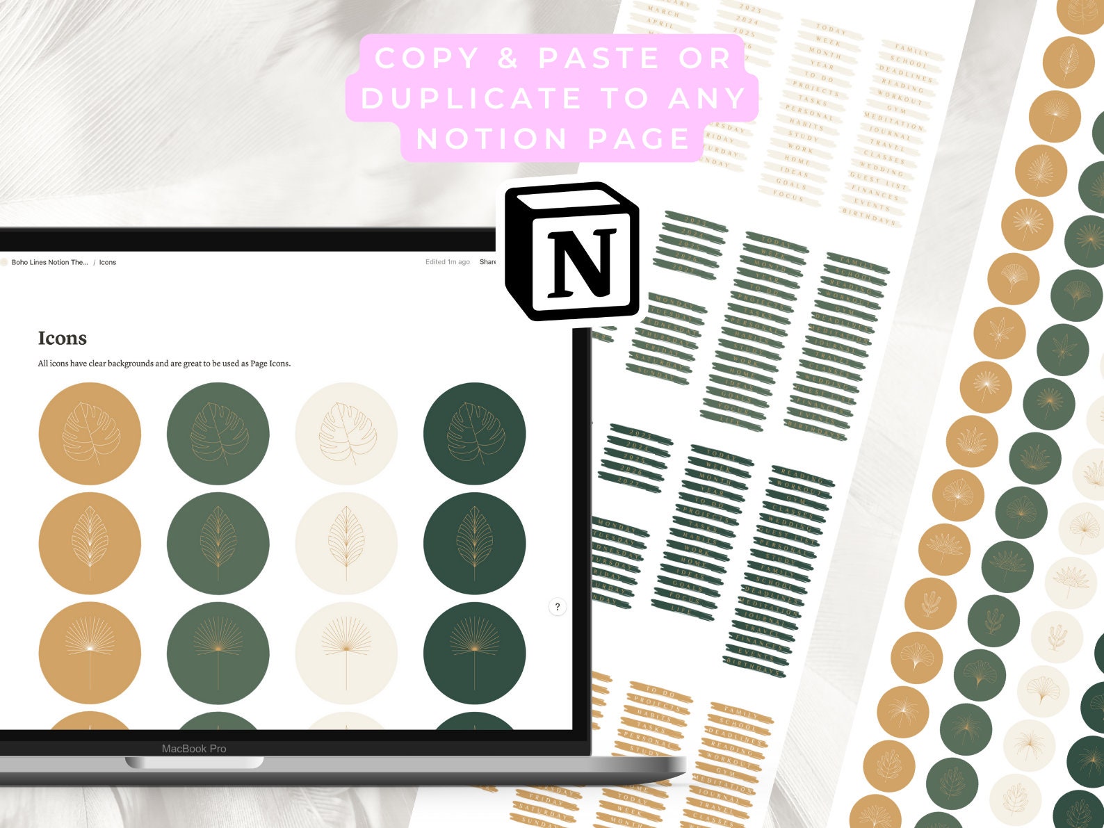 Notion Boho Theme Stickers Borders Headings Covers and Icons, Aesthetic Notion Template for ...