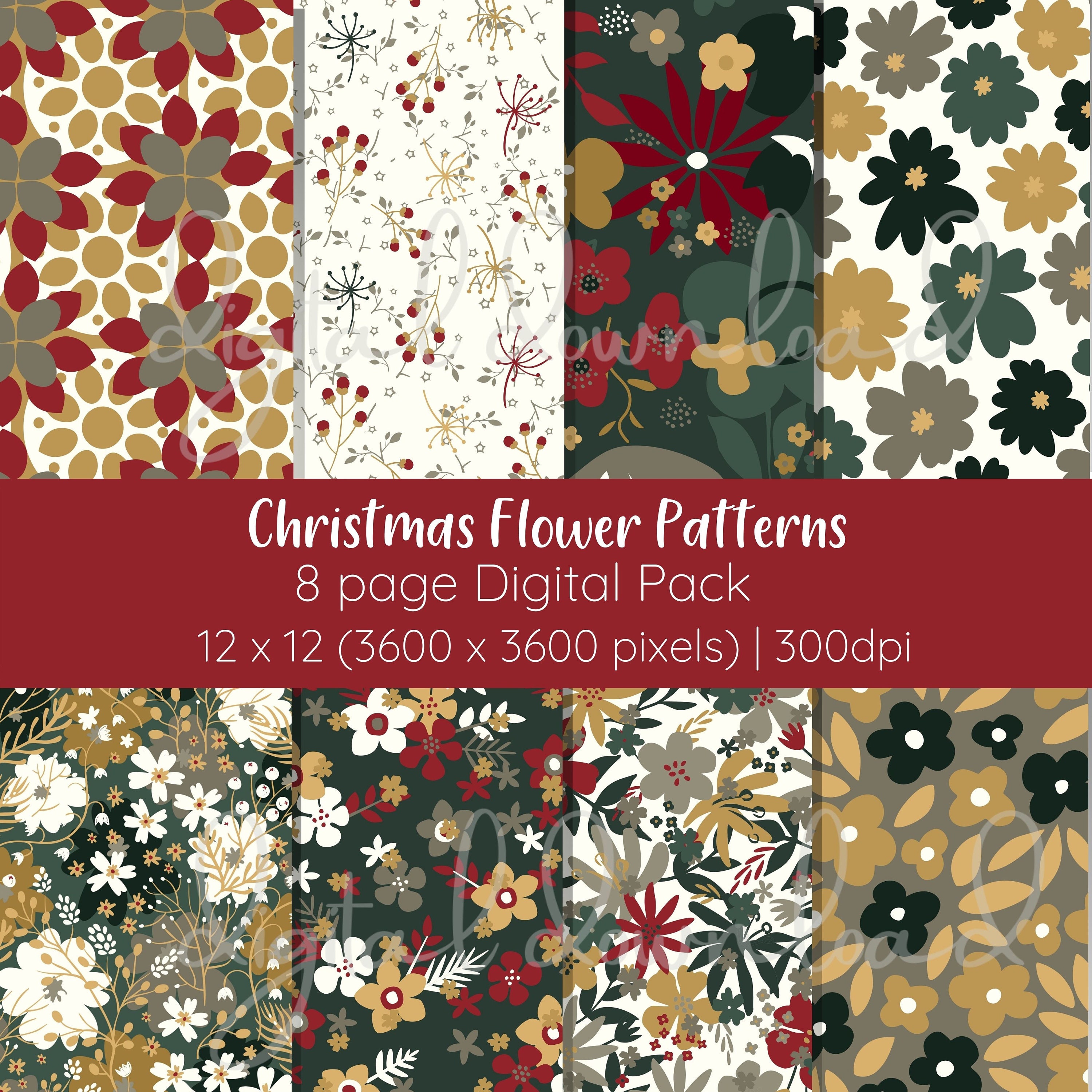 Digital Paper, Christmas Flowers Pattern Pack, Social Media Background ...
