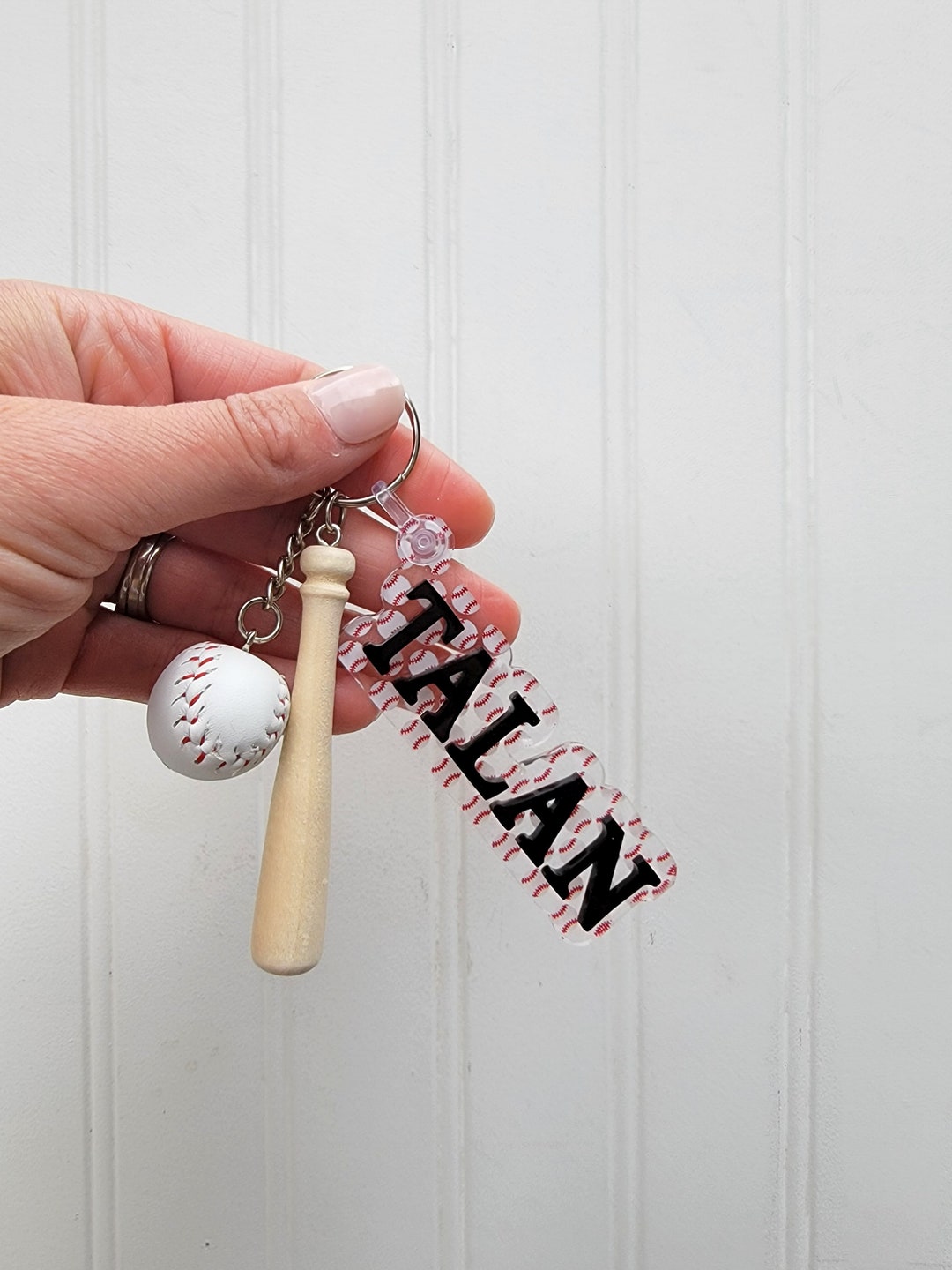 Baseball Acrylic Keychain. Name Tag. Mini Wooden Bat and Ball. - Etsy