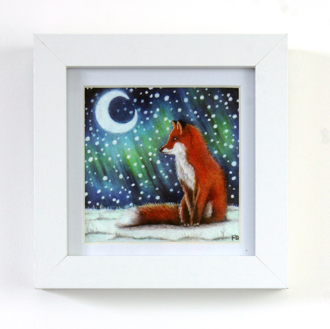 Fox With Aurora & Crescent Moon in Snow Whimsical Little Framed Giclee ...