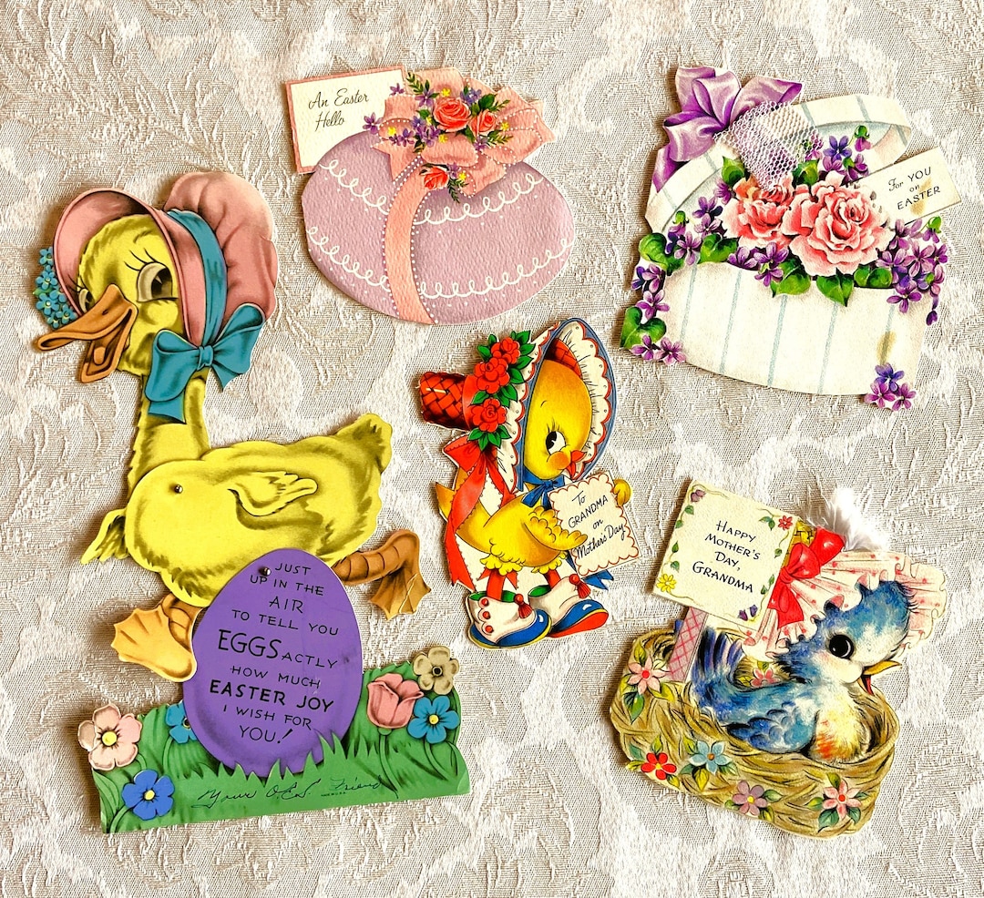 5 Vintage Easter-themed Die-cut Greeting Cards, Vintage Easter Greeting ...