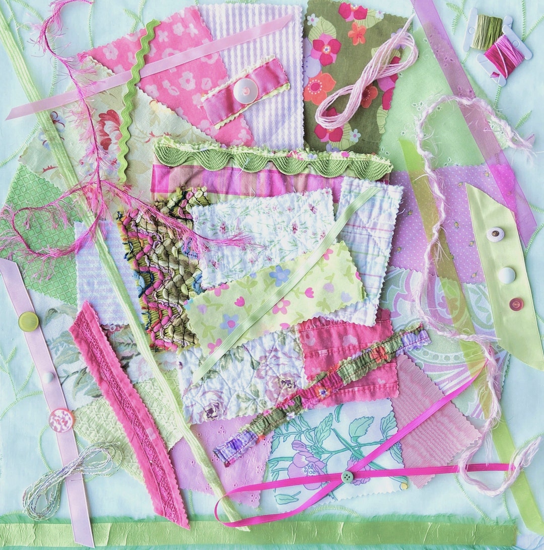 Slow Stich Kit Spring, Upcycled, Pink & Green Junk Journal Kit, Fabric ...