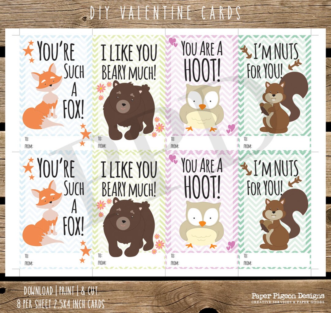 Printable Valentine Cards, DIY Children Valentine Cards, Woodland ...