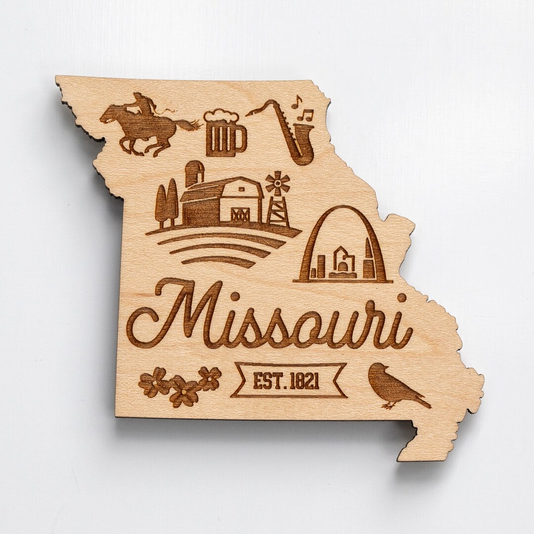 Missouri State Shaped Engraved Wood Magnet - State Icons and Symbols ...