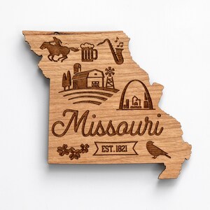 Missouri State Shaped Engraved Wood Magnet - State Icons and Symbols ...