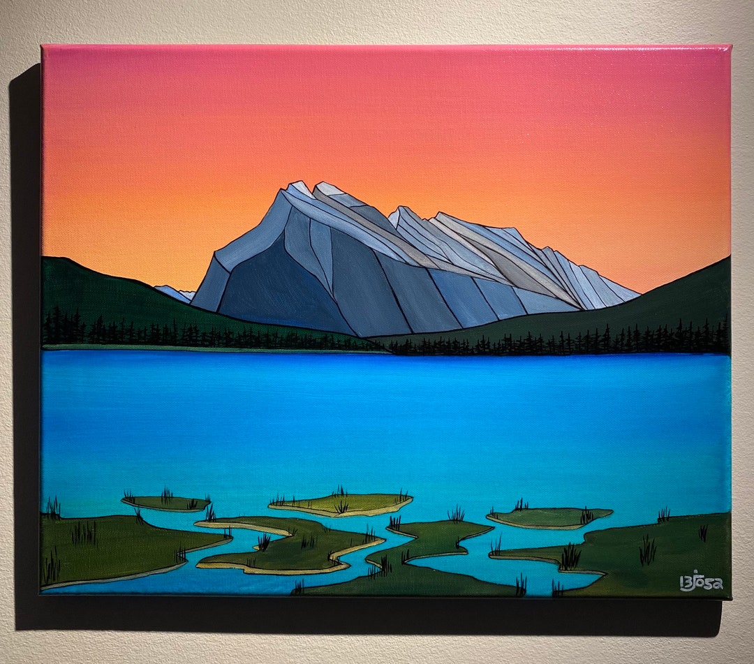 Peach Rise Over Rundle, Original Acrylic Painting, Mount Rundle, Banff ...