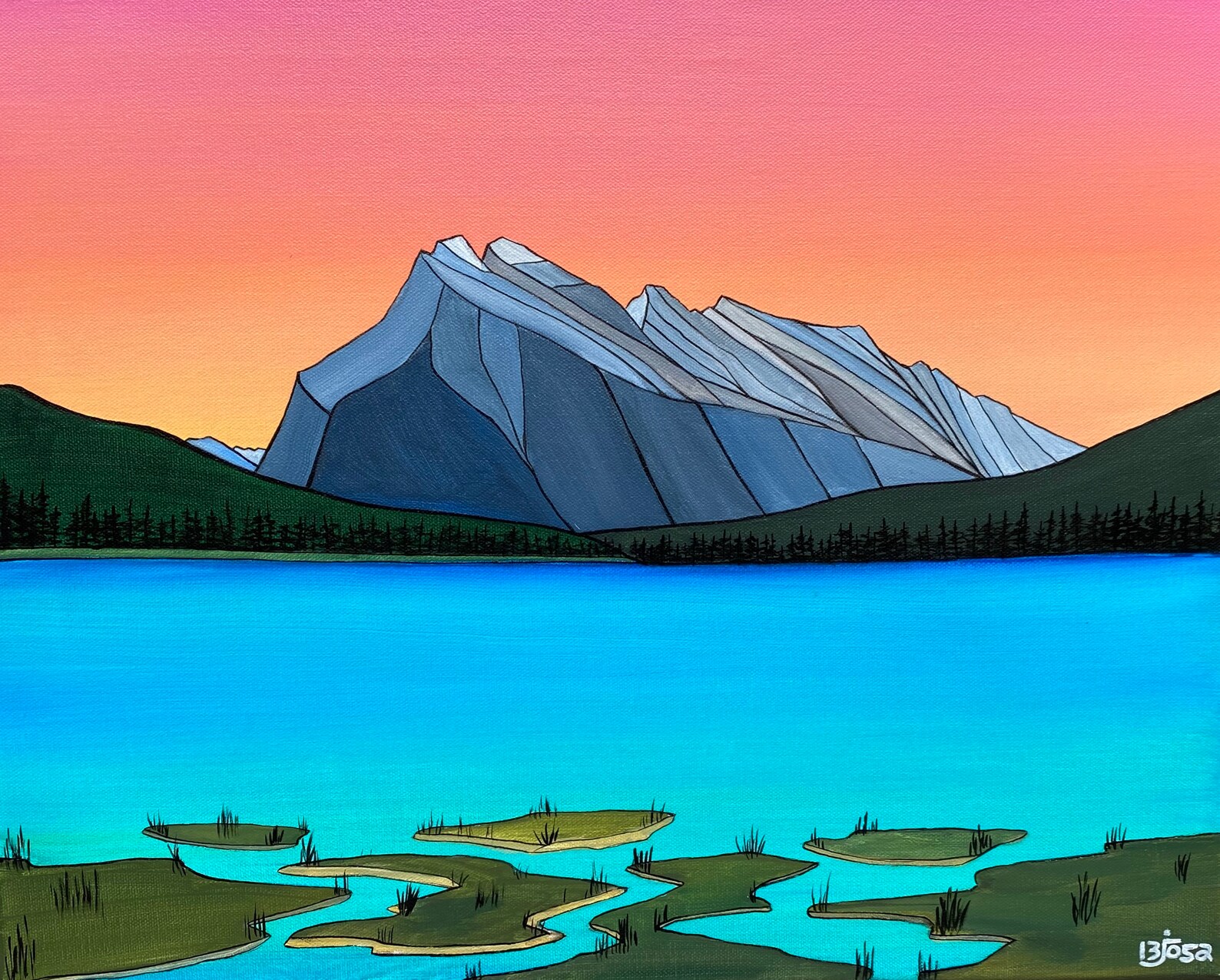 Peach Rise Over Rundle, Original Acrylic Painting, Mount Rundle, Banff ...