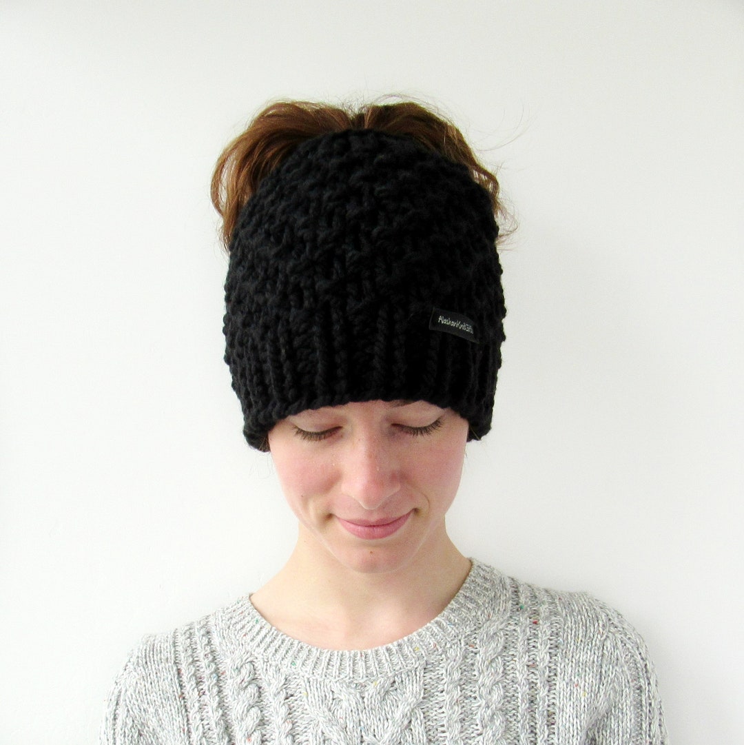 Chunky Knit Messy Bun Beanie - Handmade Wool Blend Ponytail Hat - Etsy