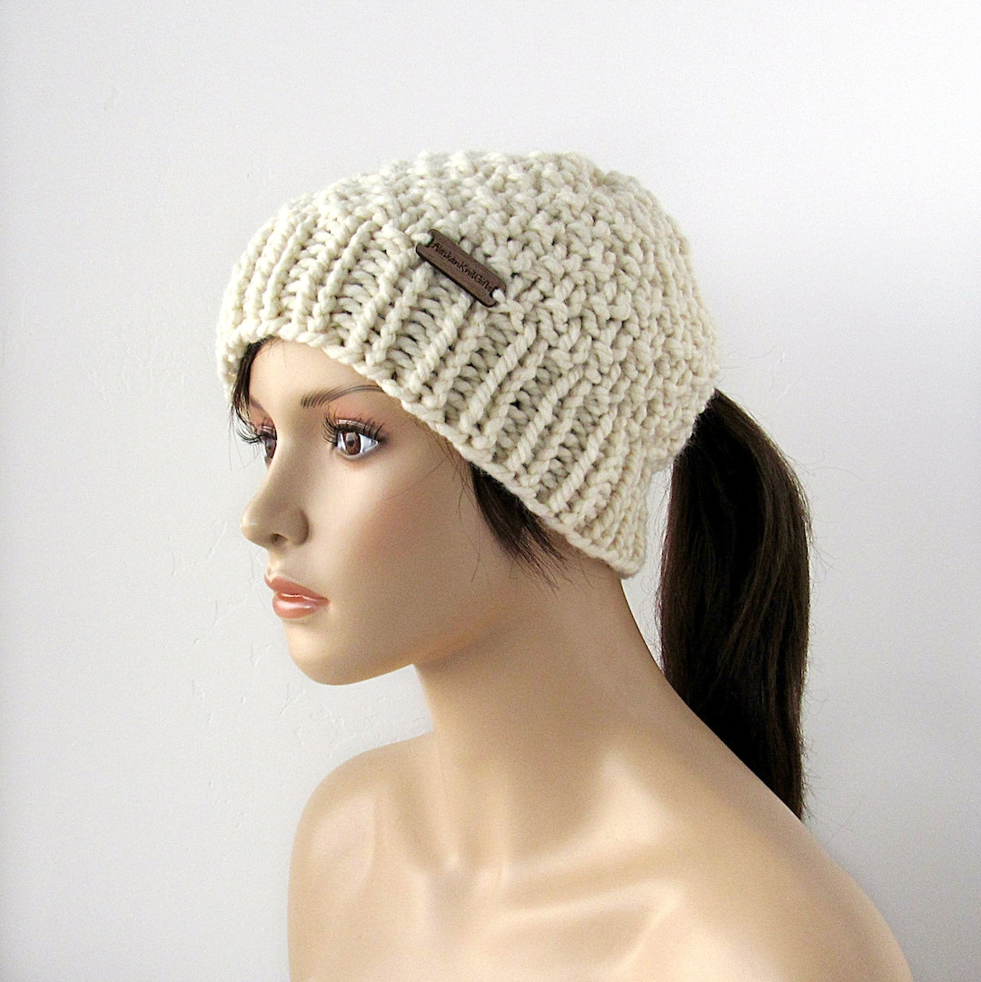 Ponytail Beanie - Chunky Knit Low Ponytail Hat - Winter Hat With Hole ...