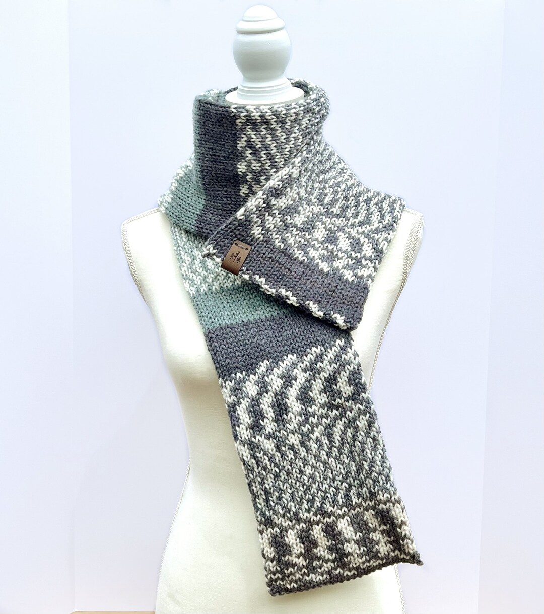 Knitted Fair Isle Long Scarf Gray Winter Full Length Scarf for Women or ...
