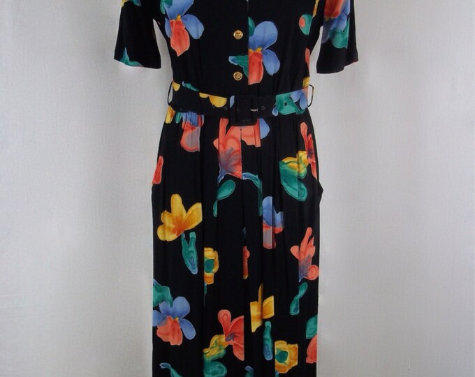 Vintage 1980's 'mandy Marsh' Black and Floral Print Belted Day Dress UK ...