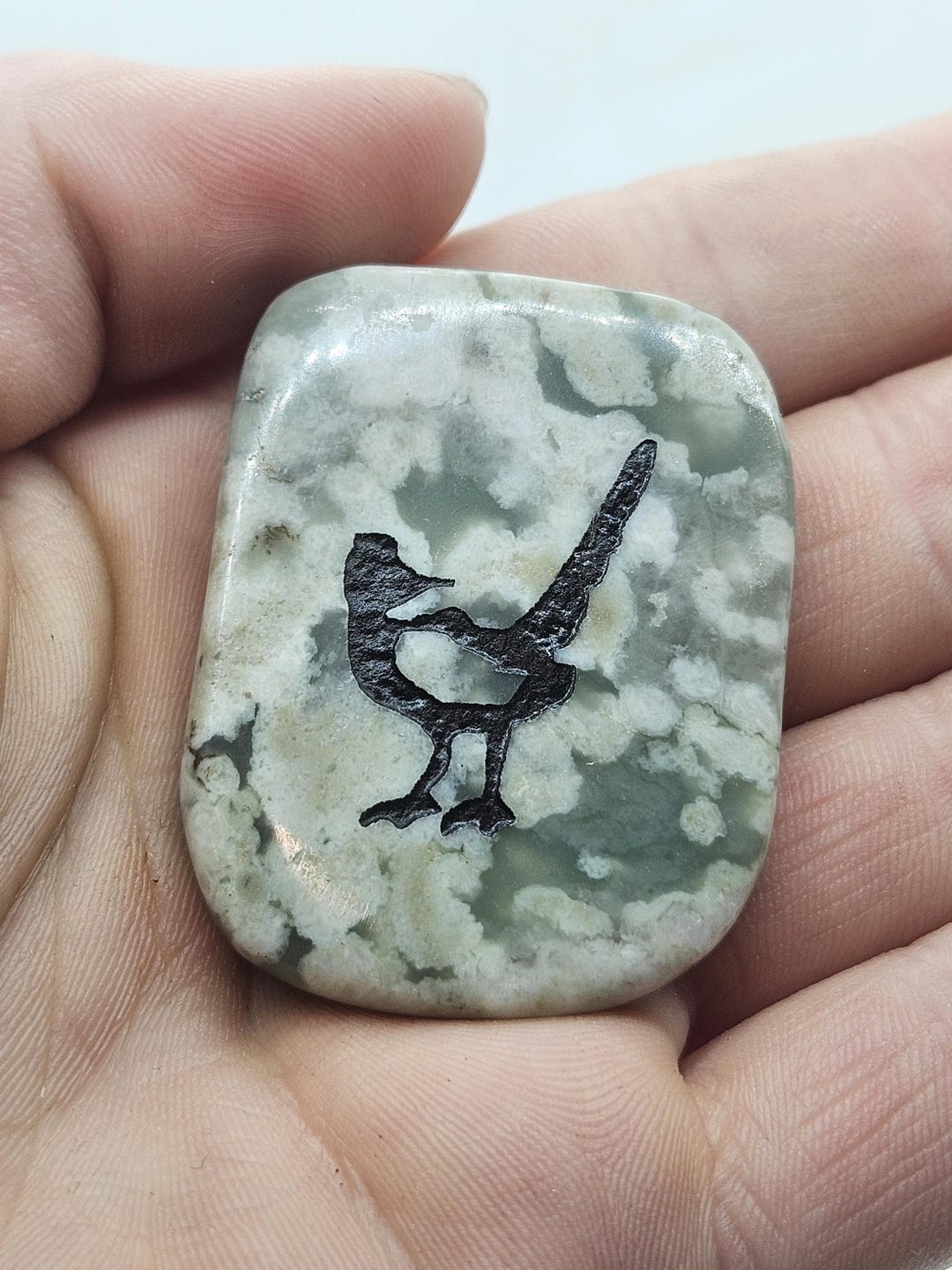 Hand-carved Roadrunner Totem Palm Stone | Green Moss Agate Bird Spirit ...