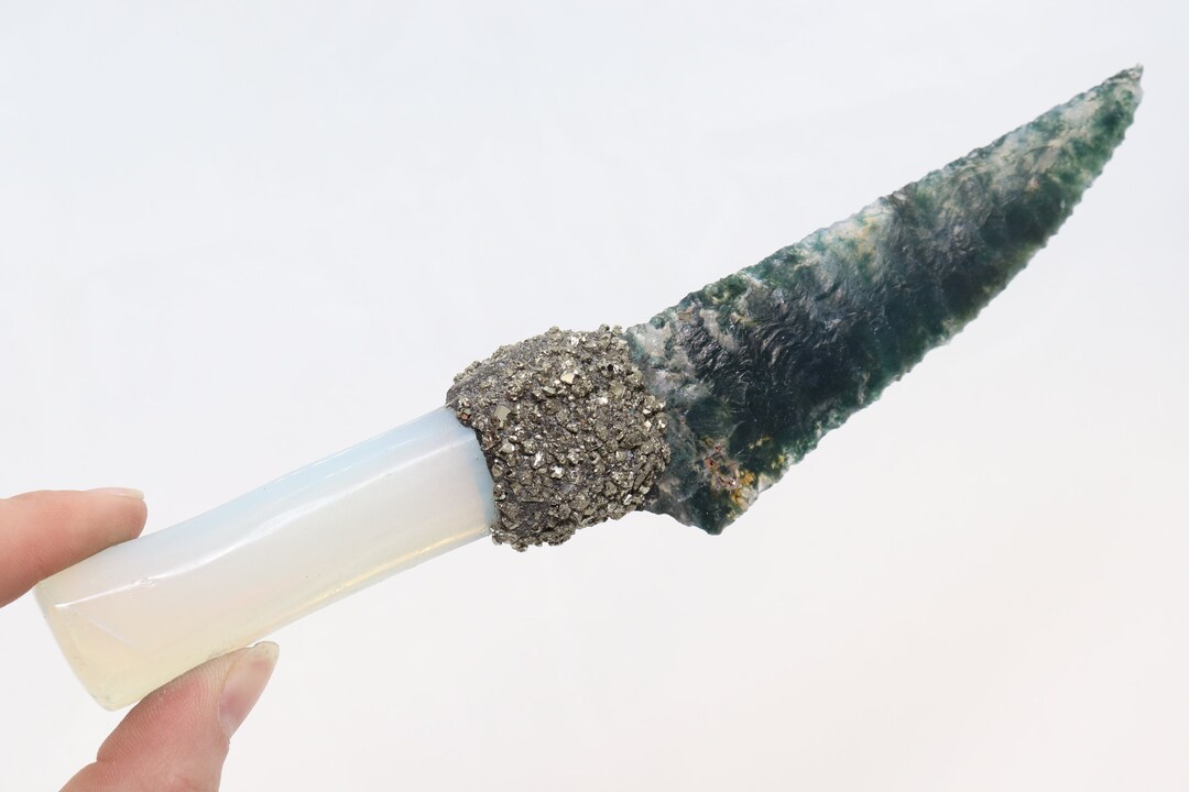 Flint Knapped Green Jasper Blade, Opalite Handle Herb Knife With Pyrite ...