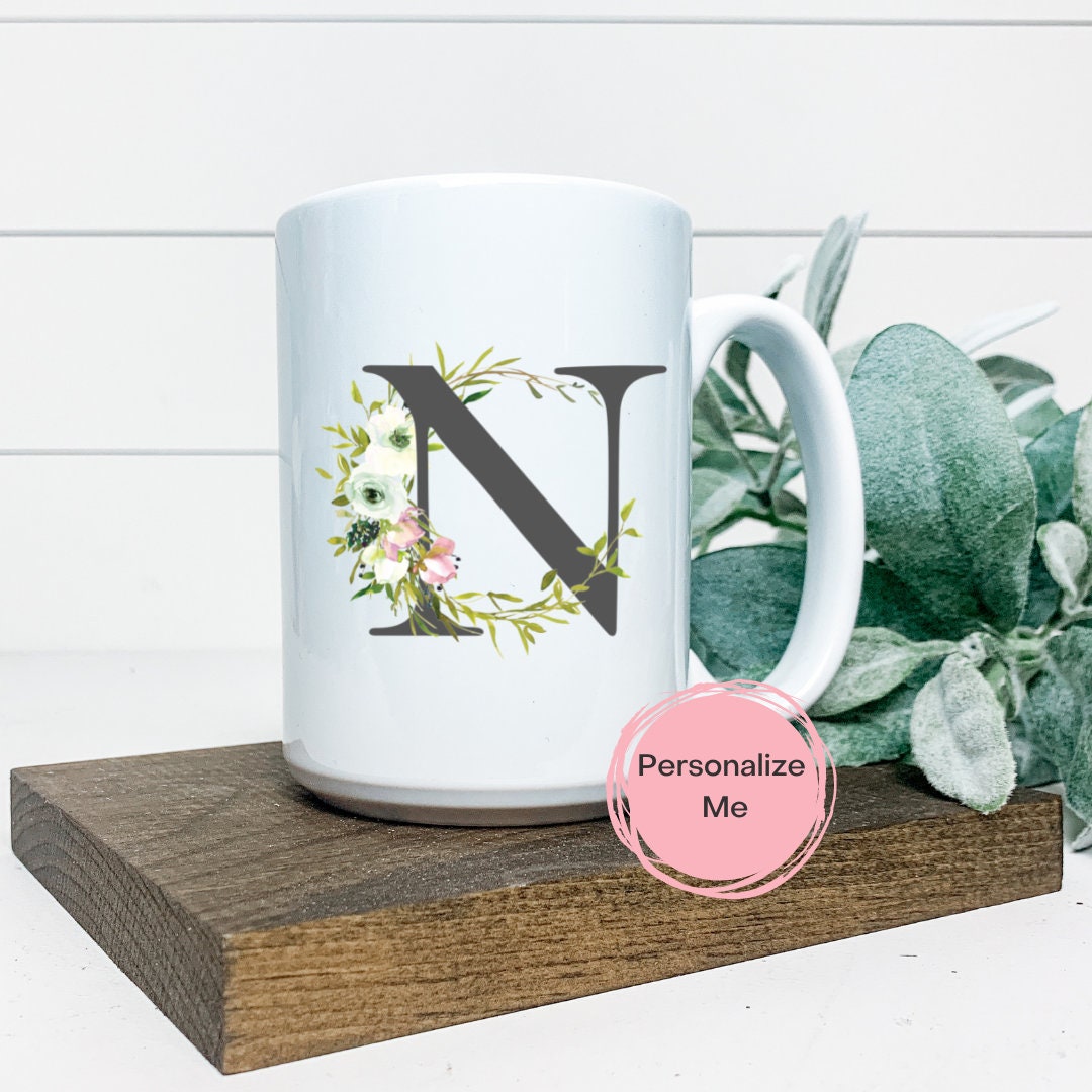 N Coffee Mug, Alphabet Mug, Letter N, Floral, Gold, Gift for Him, Gift ...