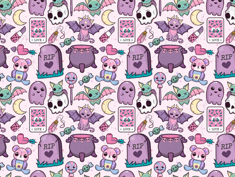 Pastel Goth Seamless Pattern, Girly Halloween Digital Pattern, Pastel ...