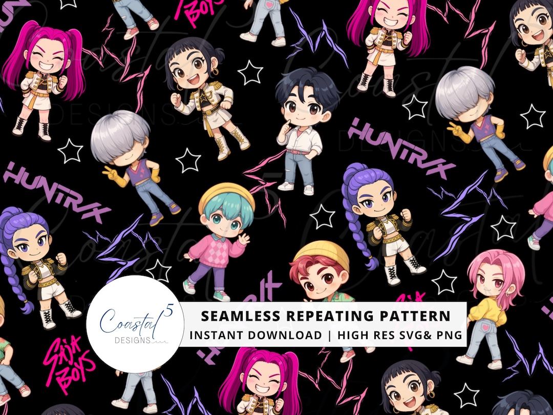 Inspired Huntrix and Saja Boys Seamless Pattern, Kpop Demon Hunters ...