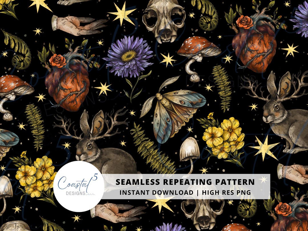 Witchy Night Garden Seamless Pattern, Dark Cottagecore Digital Paper ...