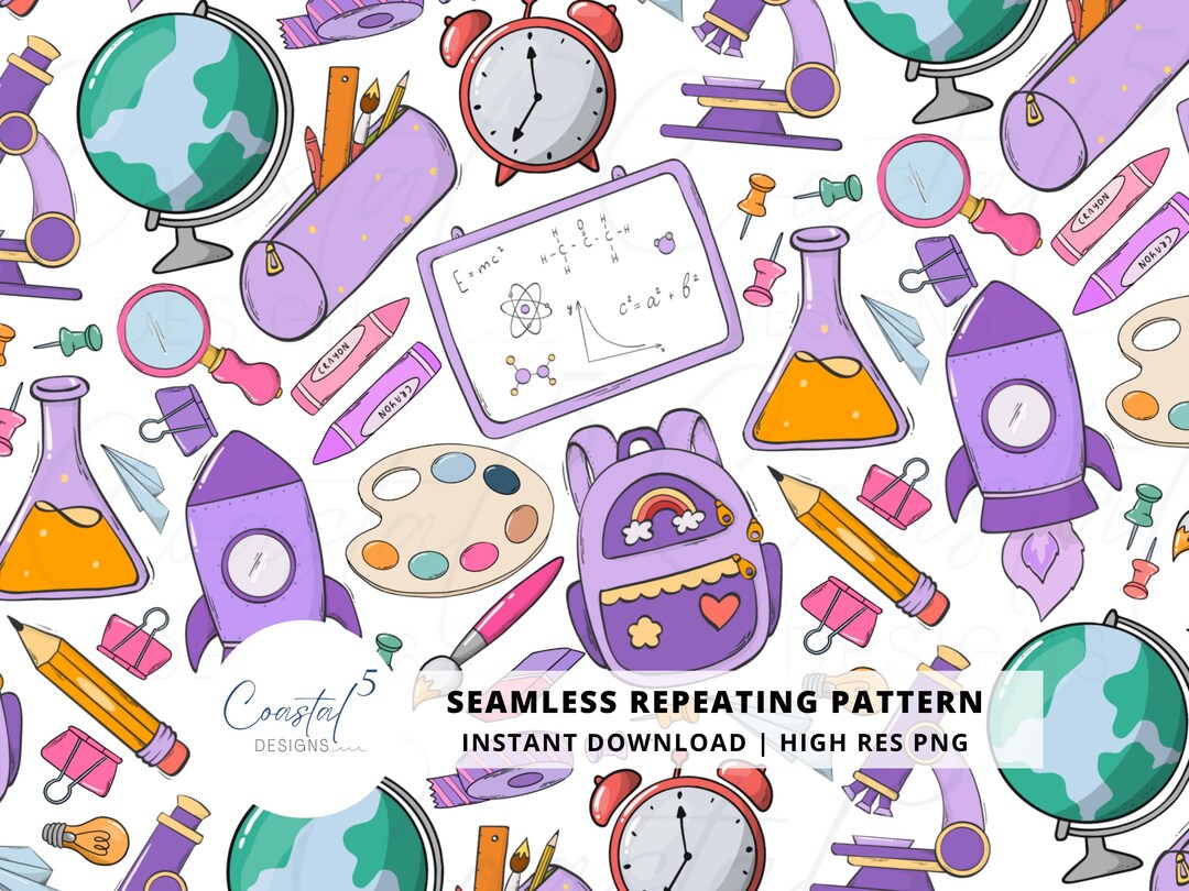 Purple Back to School Seamless Pattern, Girl School Supplies Digital ...