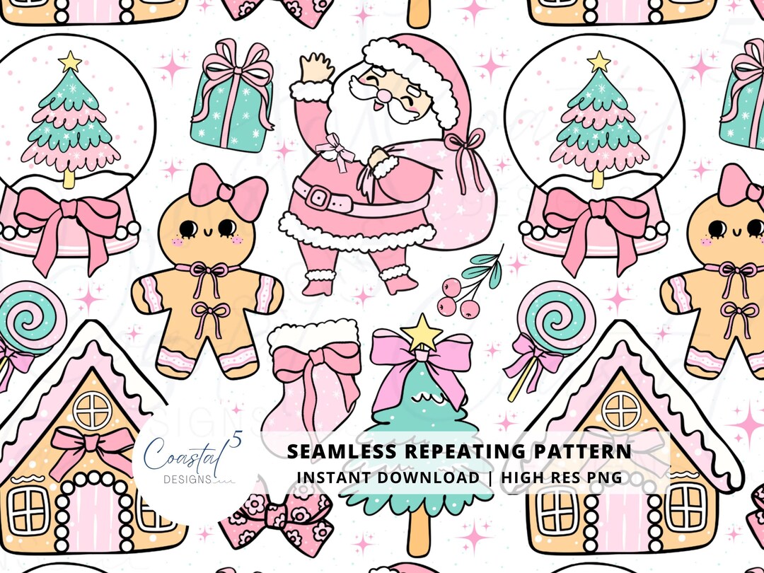 Preppy Christmas Seamless Pattern, Gingerbread Girl, Coquette Santa ...