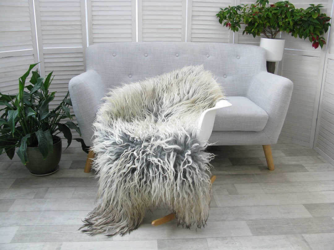 MONGOLIAN Curly Wool Real Genuine Single SHEEPSKIN RUG Chair Sofa Cover ...