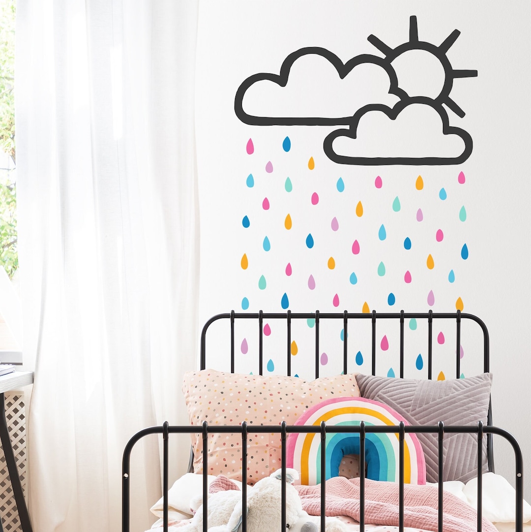 Sun and Rain Cloud Decal - Raindrop Wall Decals, Rainbow Wall Decor ...