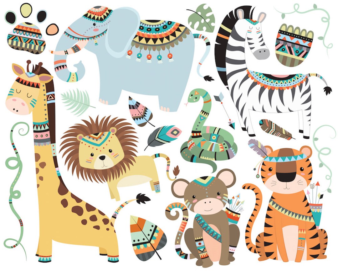 Jungle Tribal Animals Clipart - Set of 19 300 DPI Vector, PNG & JPG ...