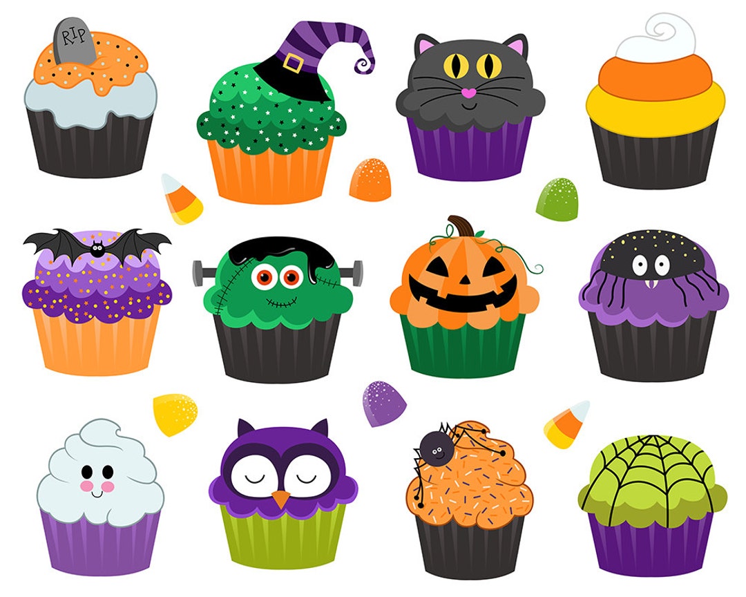 Halloween Treats and Cupcakes Clip Art - Set of 17 Hand Drawn Holiday ...