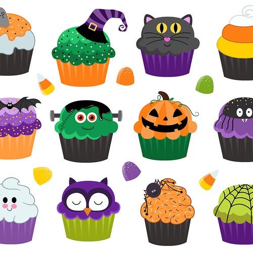 Halloween Treats and Cupcakes Clip Art Set of 17 Hand Drawn - Etsy