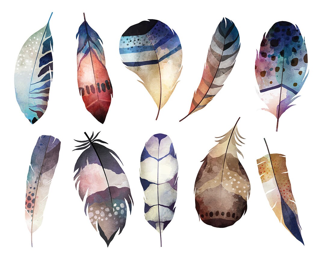 Watercolor Boho Feathers Clipart - Set of 10 High Quality PNG & Vector ...