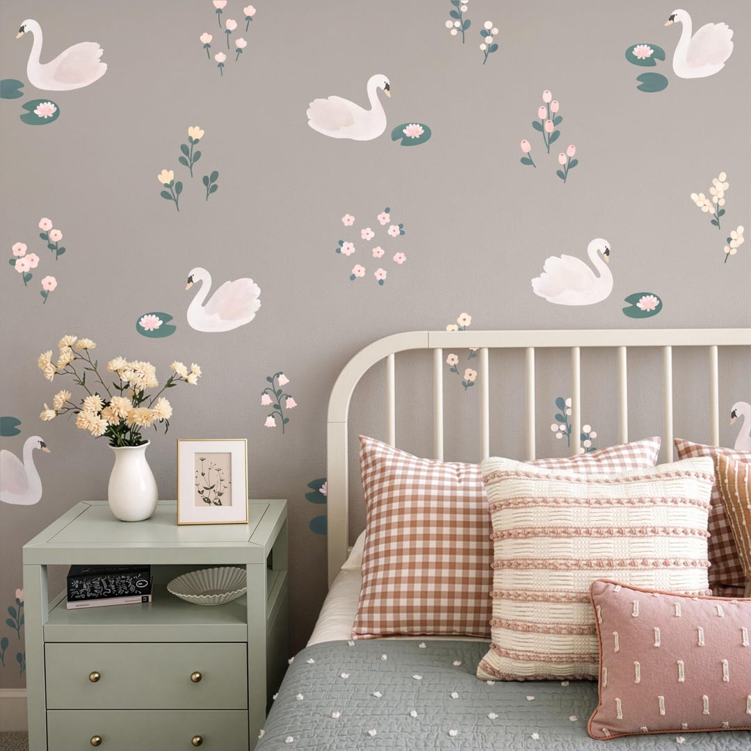Swan Wall Decals - Removable, Reusable Wall Stickers - Floral Nursery ...