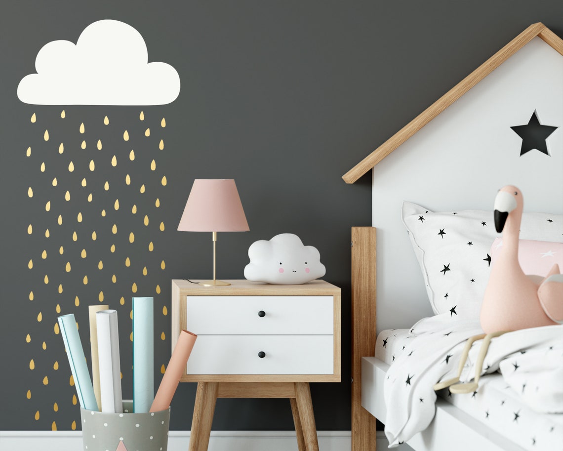 Cloud and Rain Wall Decal - 2-color Wall Decal, Cloud Decal, Raindrop ...