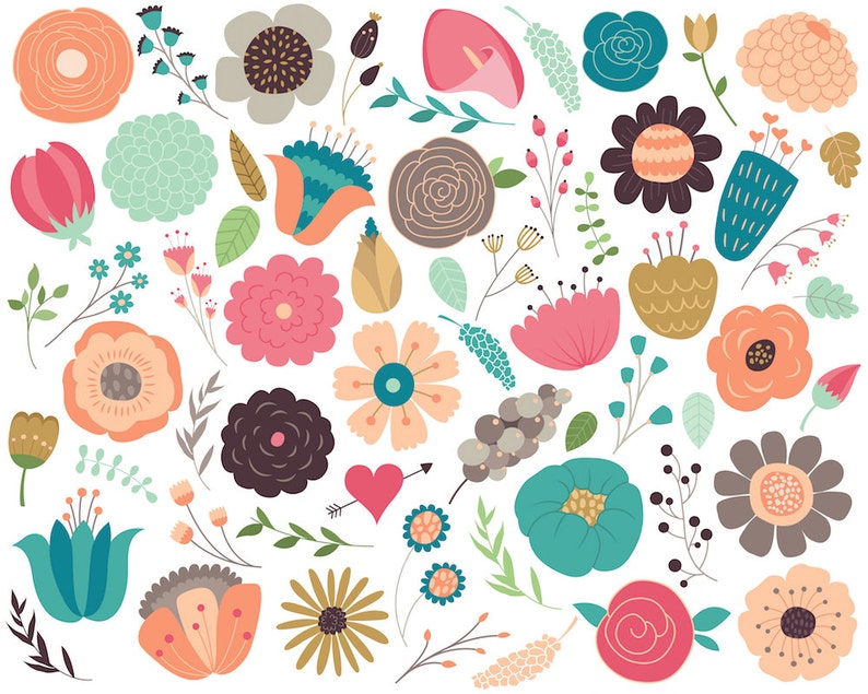 Flower Clipart Set and Floral Design Elements 61 300 DPI PNG - Etsy