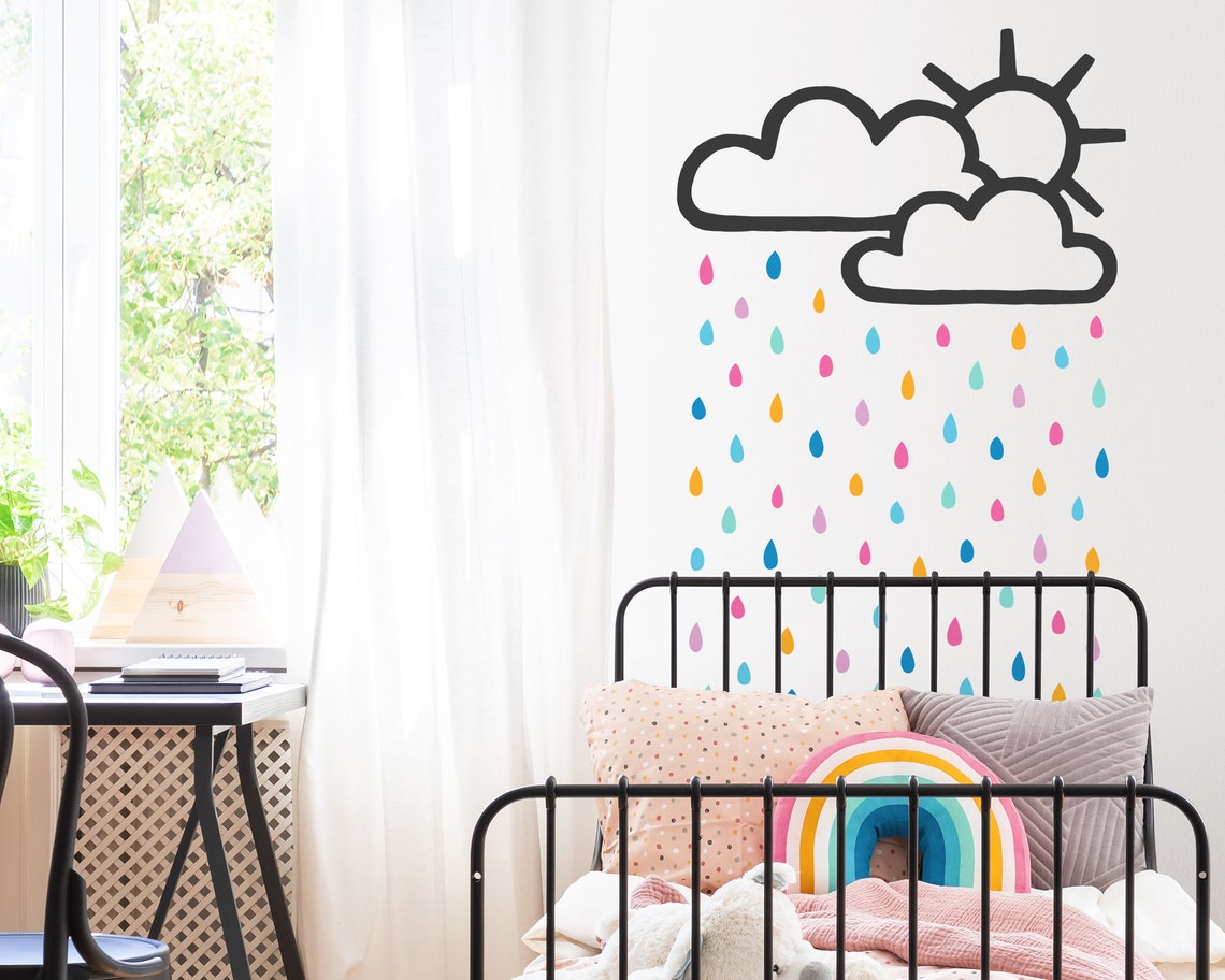 Sun and Rain Cloud Decal Raindrop Wall Decals Rainbow Wall - Etsy