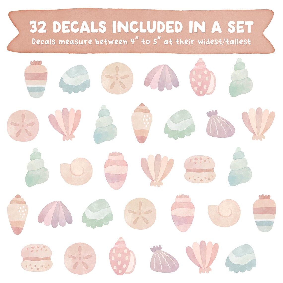 Seashell Wall Decals - Removable, Reusable Wall Stickers - Watercolor ...