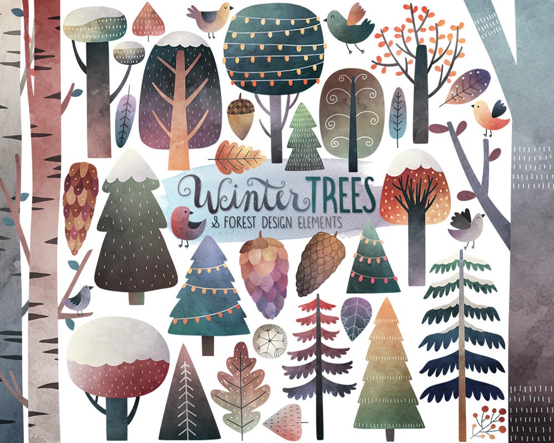 Watercolor Winter Clipart - Winter Trees Clipart, Watercolor Clipart ...