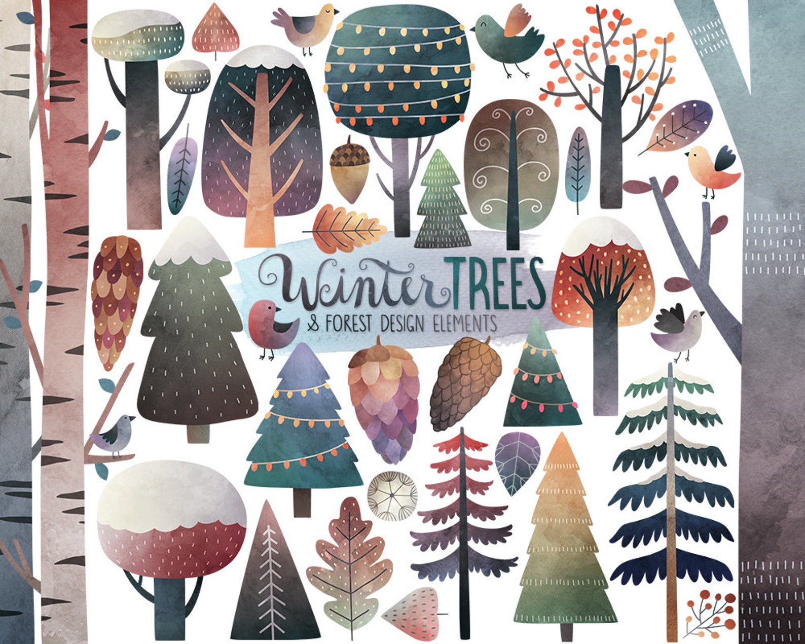 Watercolor Winter Clipart Winter Trees Clipart Watercolor | Etsy