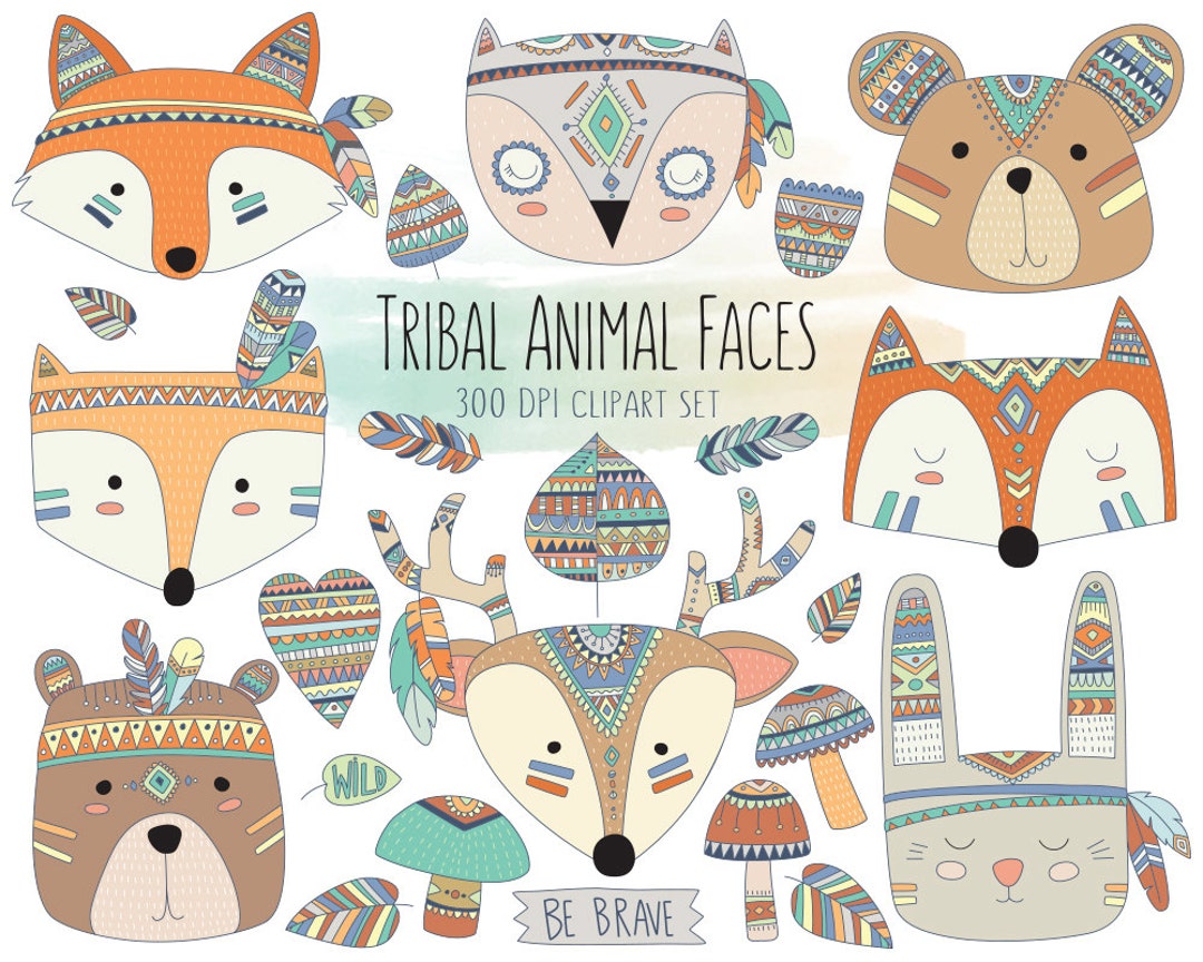 Tribal Animal Faces Clipart - Cute Clip Art, Woodland Clipart, Tribal ...