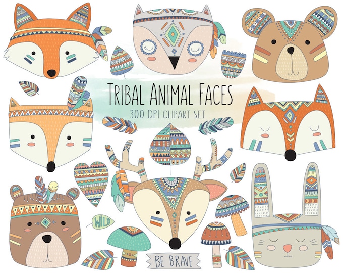Tribal Animal Faces Clipart Cute Clip Art Woodland Clipart - Etsy