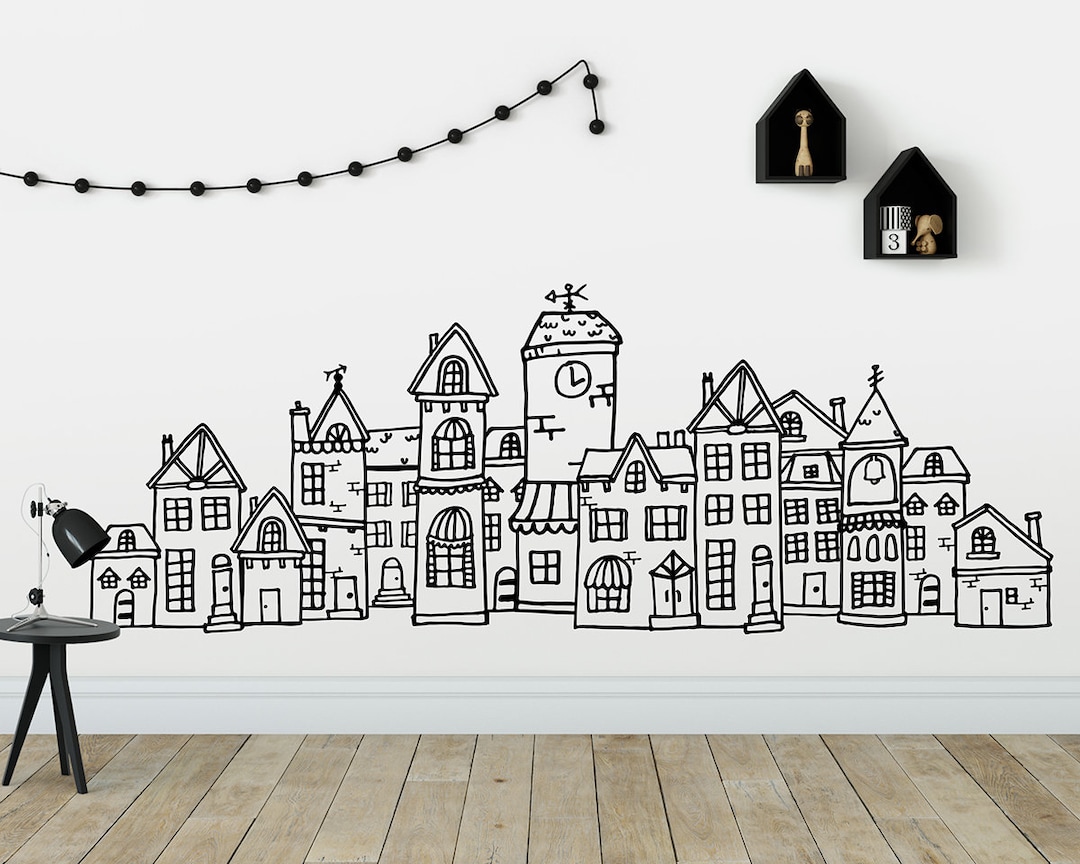 Scandinavian Style Cute Village Wall Decal - Hand Drawn Town Decal ...