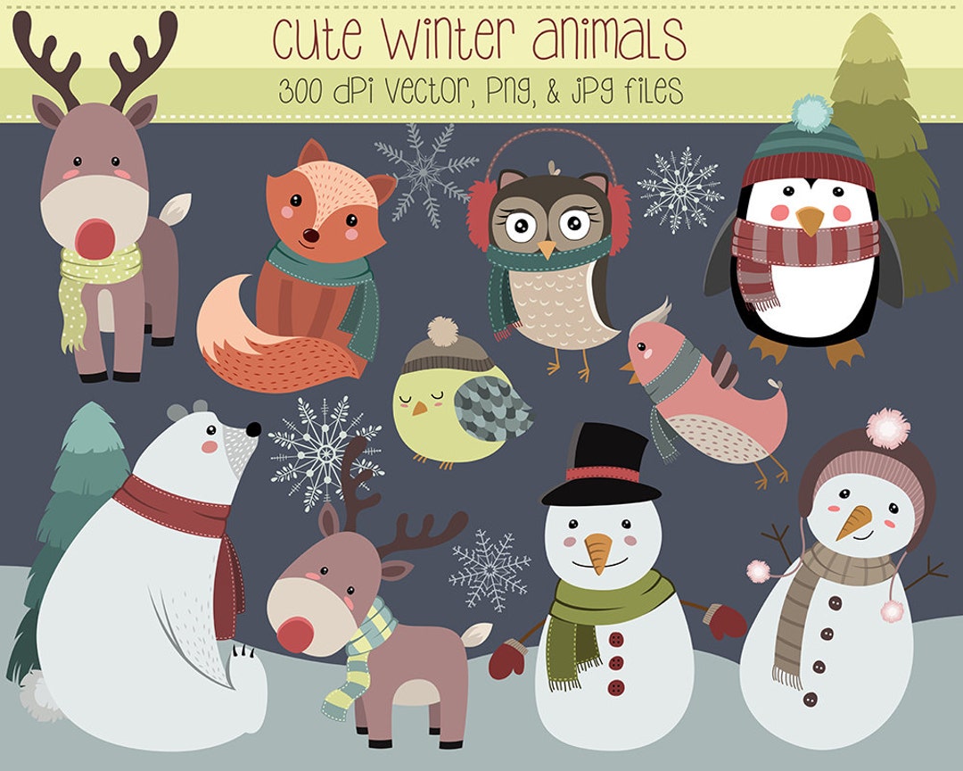 Cute Winter Animals and Design Elements Clip Art - Set of 15 300 DPI ...